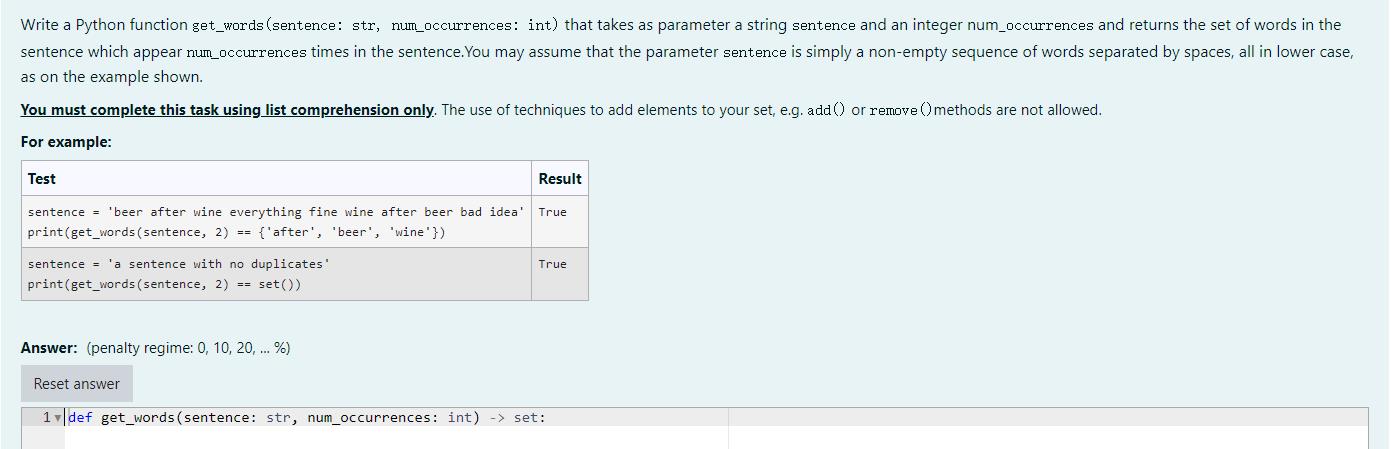 Solved Write a Python function get_words (sentence: str, | Chegg.com