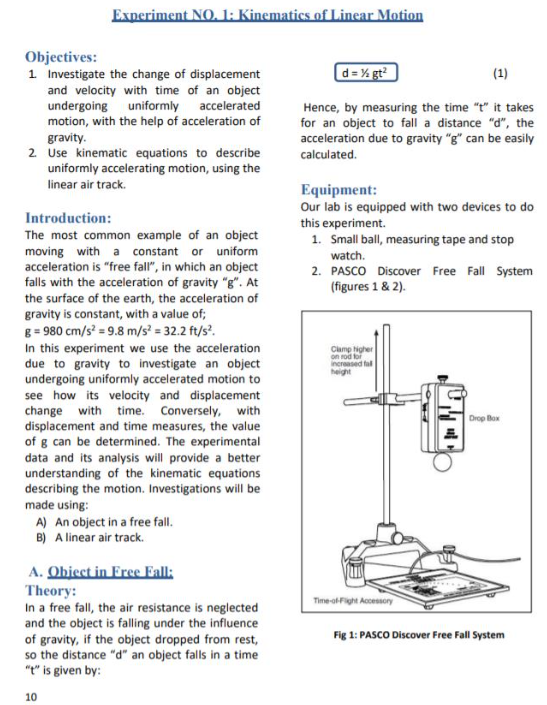 Experiment NO. 1: Kinematics of Linear Motion d = gt? | Chegg.com