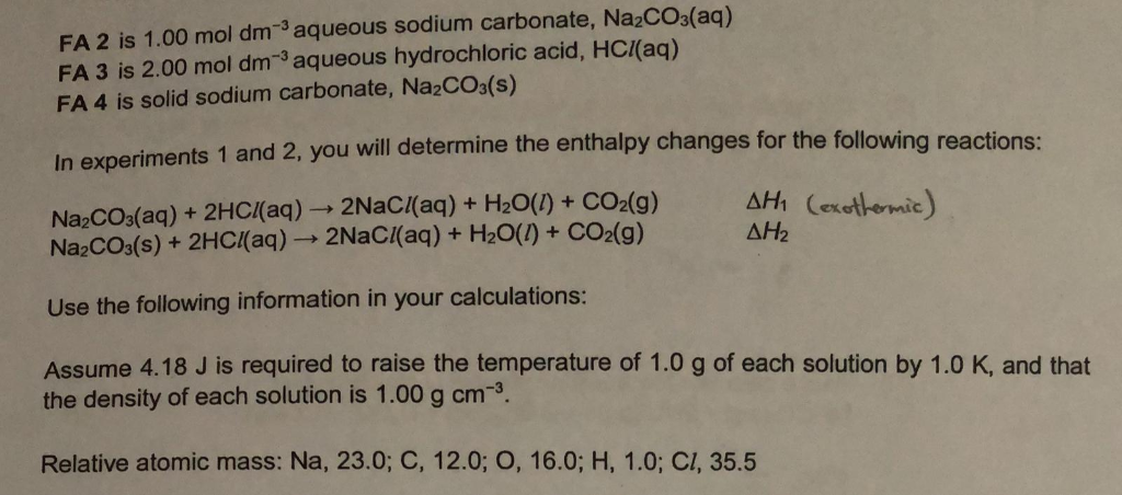 FA 2 is 1.00 mol dm-3 aqueous sodium carbonate, | Chegg.com