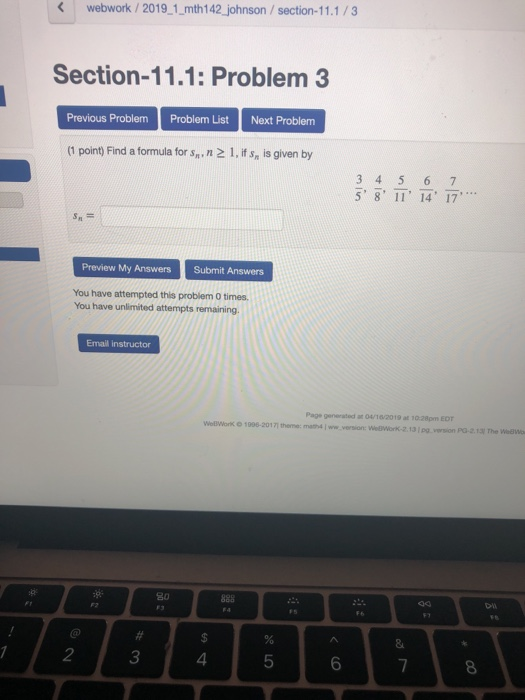 Solved webwork/2019_1mth142_johnson/section-11.1/3 | Chegg.com