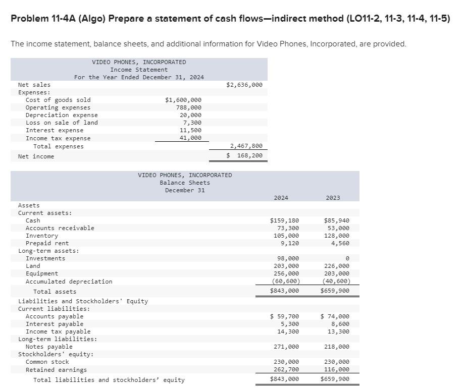 Solved Problem 11-4A (Algo) Prepare a statement of cash | Chegg.com