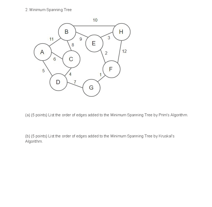 Solved 2. Minimum Spanning Tree 10 9 (a) (5 points) List the | Chegg.com