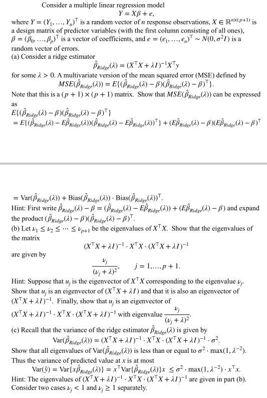 Consider a multiple linear regression model Y=Xβ+e, | Chegg.com