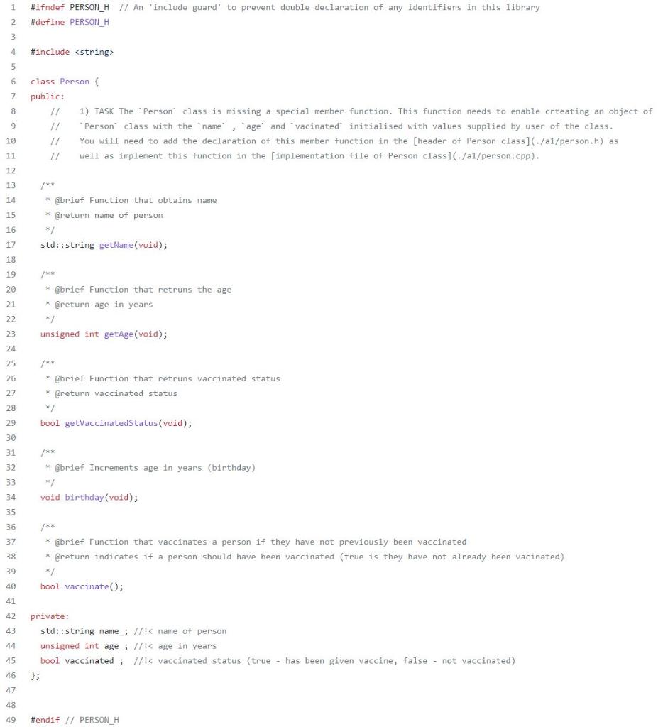 Solved TASK The Person class is missing a special member | Chegg.com