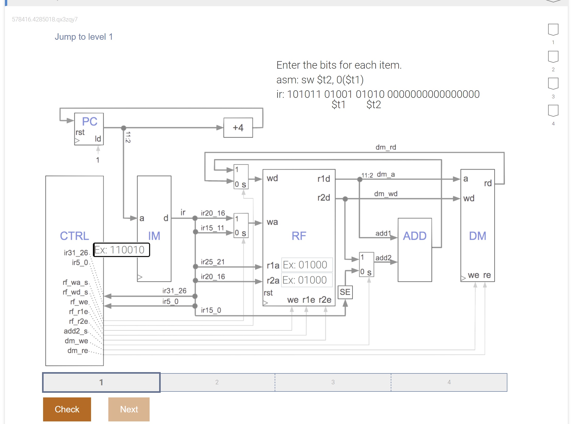 Solved Jump to level 1Enter the bits for each item.asm: sw | Chegg.com