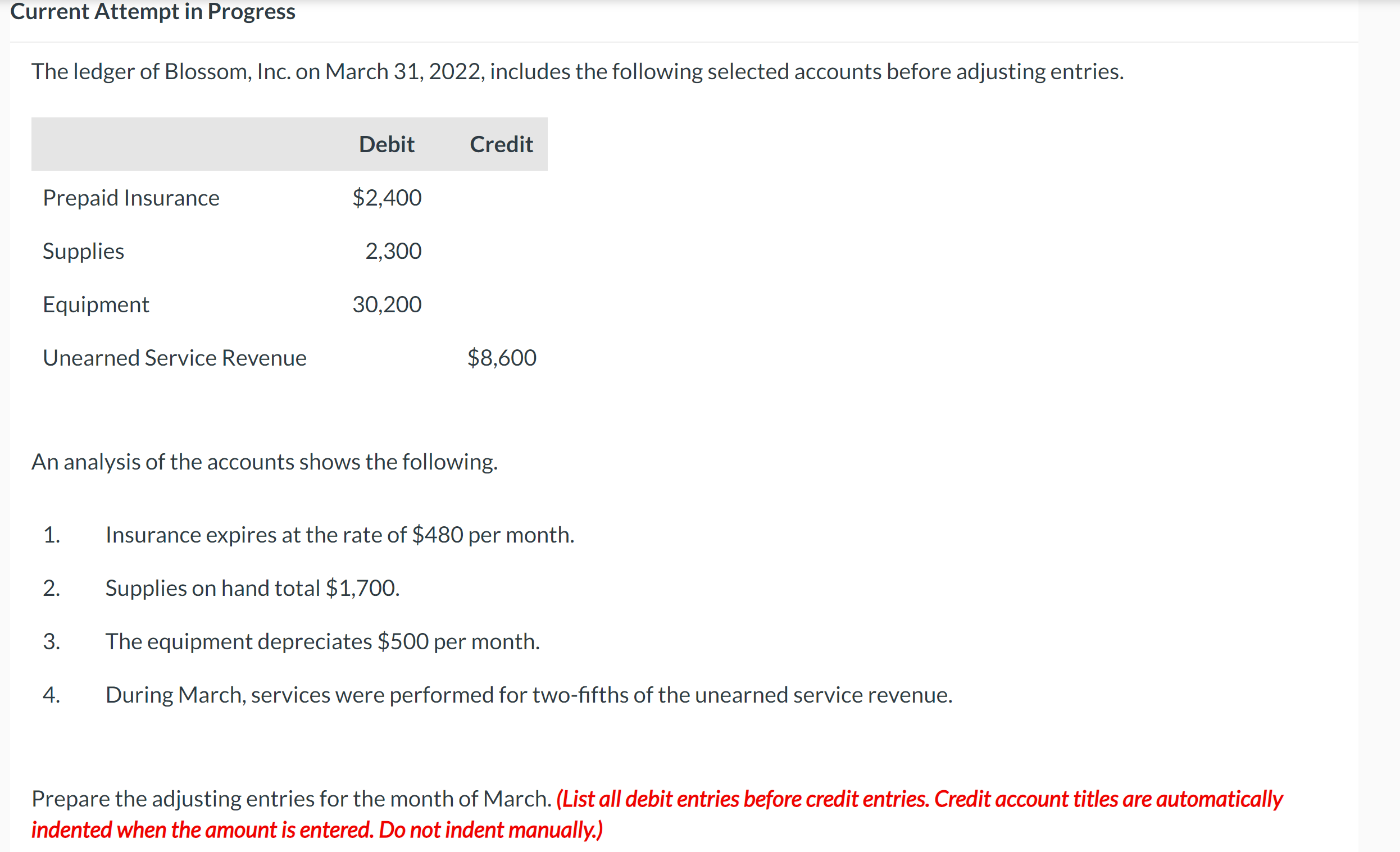 Solved Current Attempt in Progress The ledger of Blossom, | Chegg.com