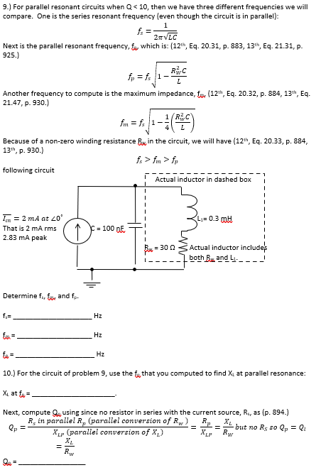 Solved .) ﻿For parallel resonant circuits when Q
