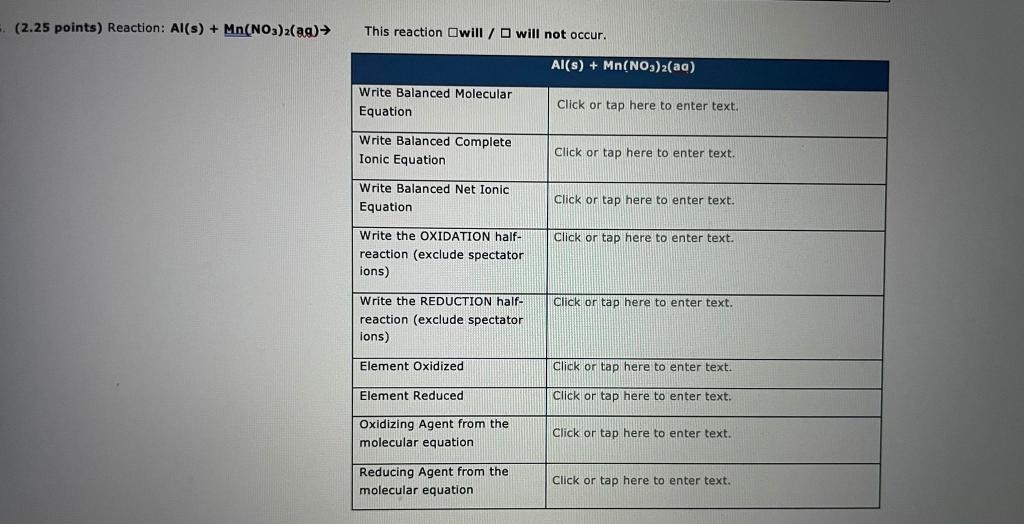 Solved (2.25 points) Reaction: Al(s) + Mn(NO3)2(ag) This | Chegg.com