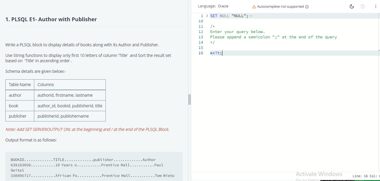 Solved Language: Oracle A Autocomplete not supported O c : | Chegg.com