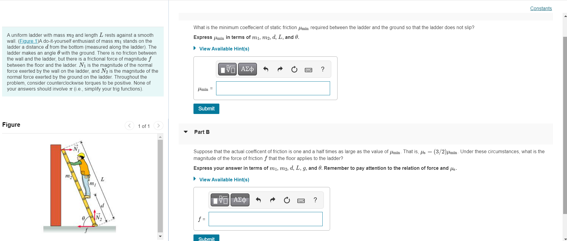Solved A uniform ladder with mass m2 and length L rests | Chegg.com