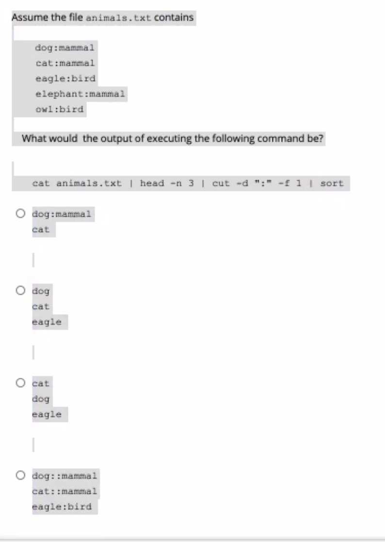 Solved Assume the file animals.txt contains dog: mammal | Chegg.com