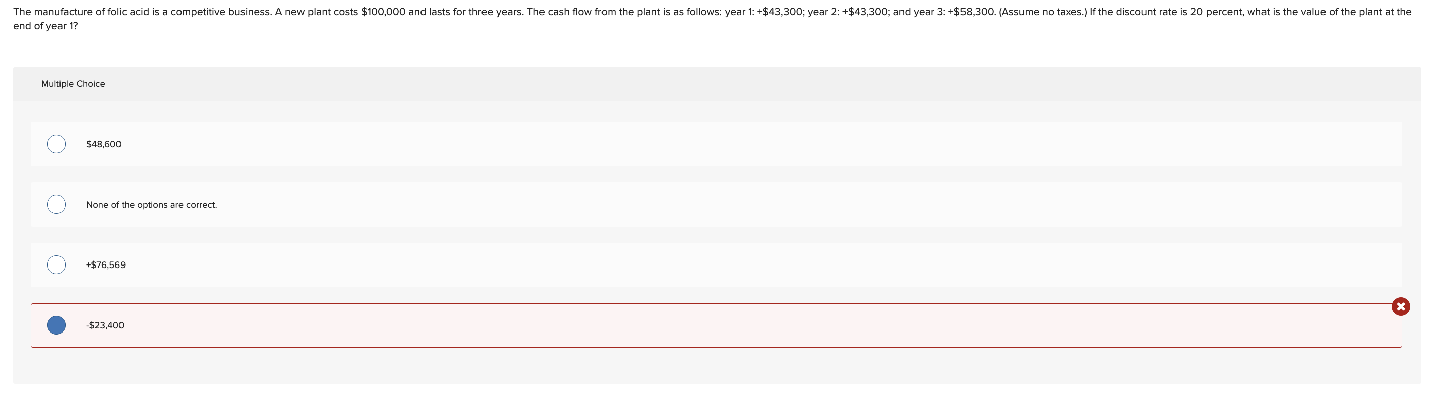 Solved end of year 1 ? Multiple Choice $48,600 None of the | Chegg.com