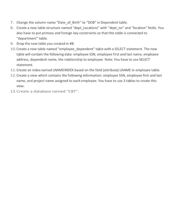 Solved 7. Change the column name "Date of Birth" to "DOB" in | Chegg.com