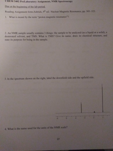 Solved CHEM 3402 Prelaboratory Assignment, NMR Spectroscopy | Chegg.com