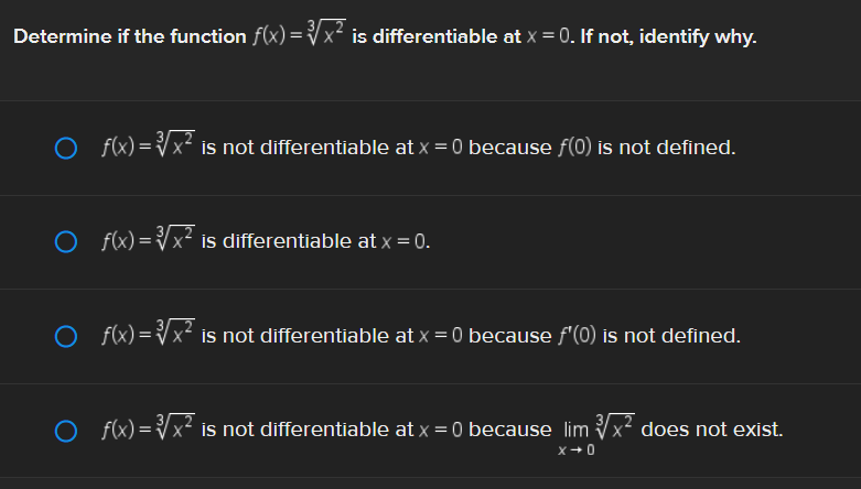 Solved Determine if the function f(x)=x23 ﻿is differentiable | Chegg.com