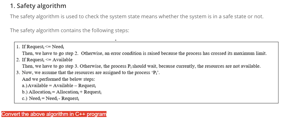Solved 1 Safety Algorithm The Safety Algorithm Is Used To 5028