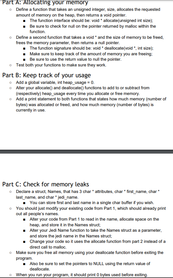 Solved Part A: Allocating your memory • Define a function | Chegg.com