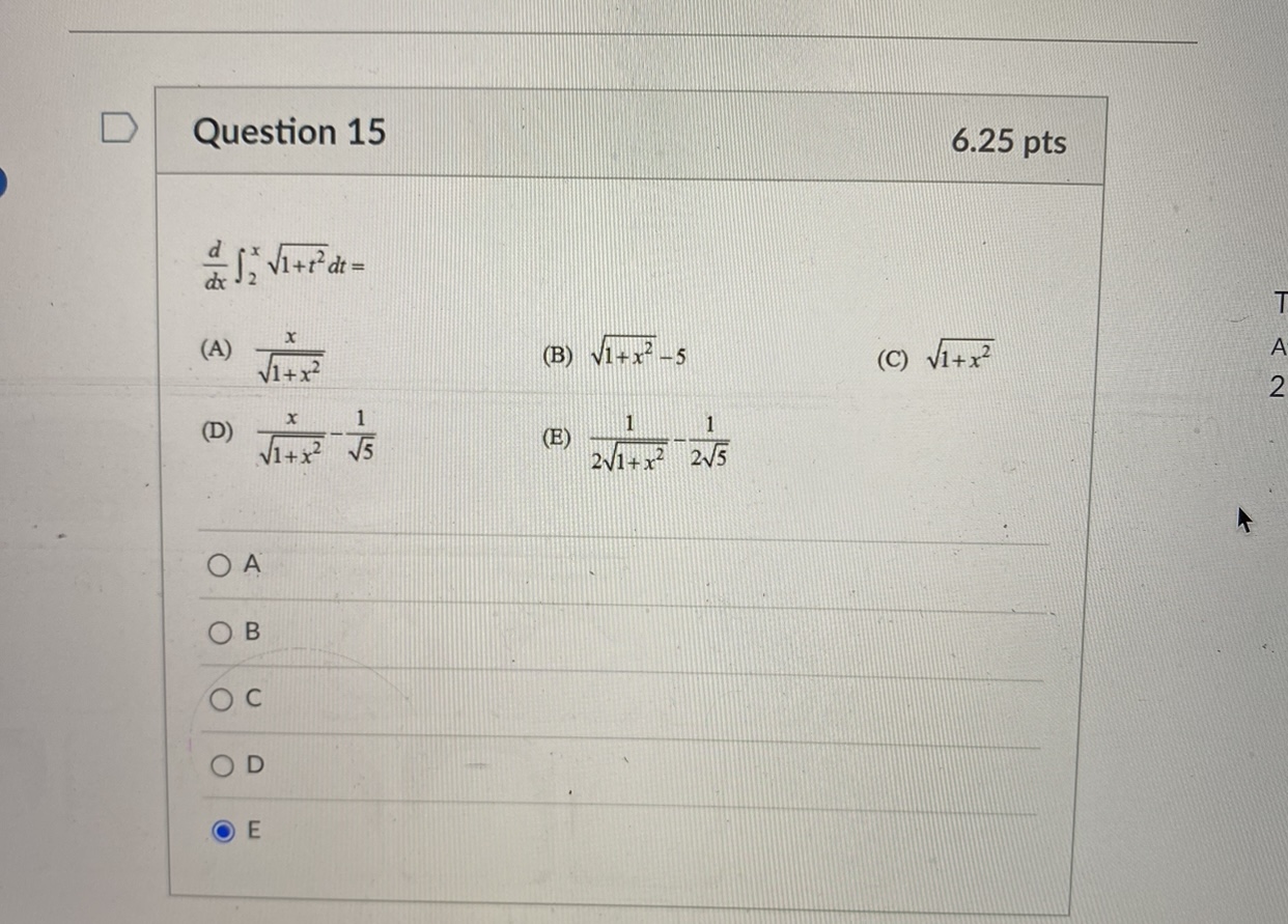 Solved dxd∫2x1+t2dt= (A) 1+x2x (B) 1+x2−5 (C) 1+x2 (D) | Chegg.com