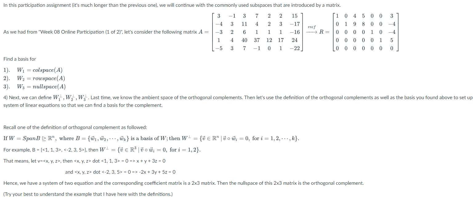 Solved Find a basis for 1). W1=colspace(A) 2). | Chegg.com
