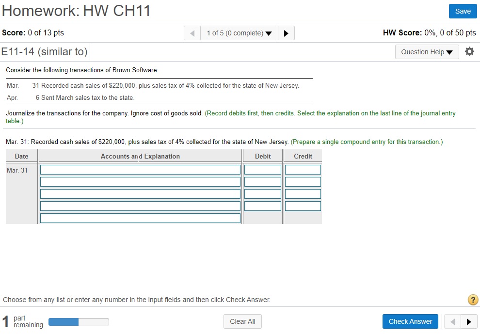 Solved Homework Hw Ch11 Save Score 0 Of 13 Pts 1 Of 5 0