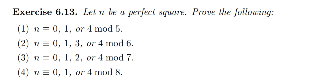Solved Exercise 6.13. ﻿Let n be ﻿a perfect square. Prove the | Chegg.com