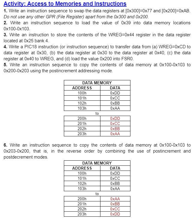 Solved Activity: Access to Memories and Instructions 1. | Chegg.com