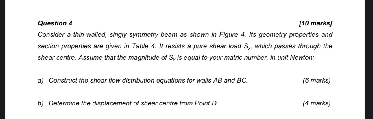Solved Question 4[10 ﻿marks]Consider a thin-walled, singly | Chegg.com