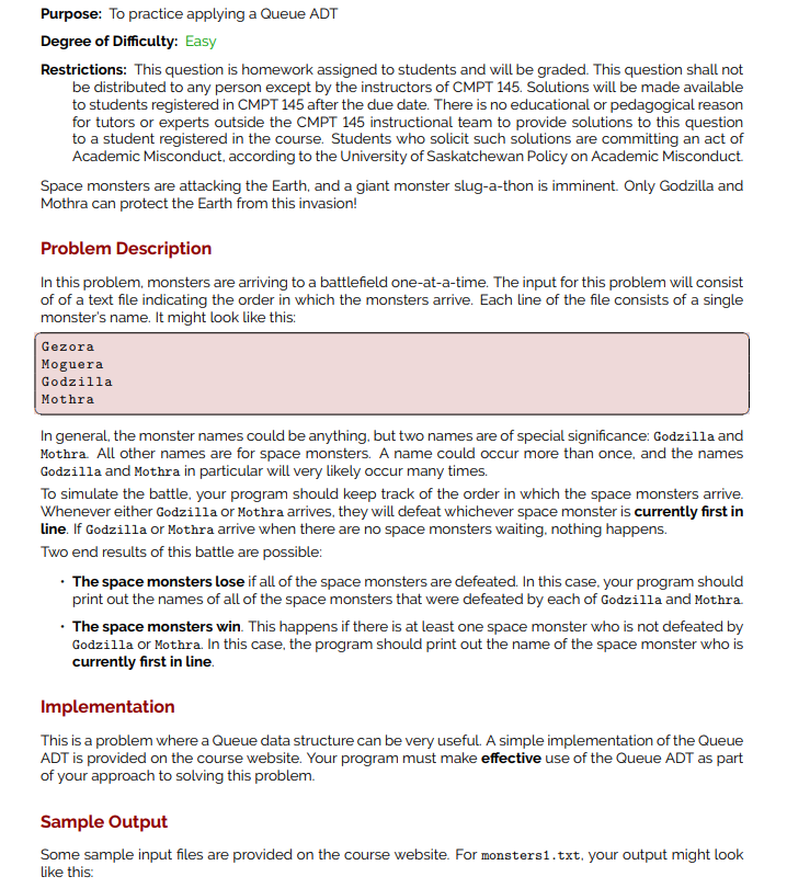 Solved Purpose: To practice applying a Queue ADT Degree of | Chegg.com