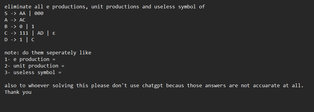 Solved eliminate all e productions, unit productions and | Chegg.com