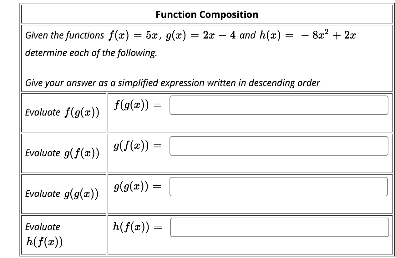 Solved Function Composition Given the functions f(x) = 5x, | Chegg.com
