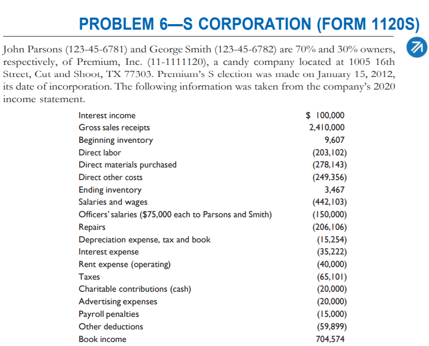 PROBLEM 6—S CORPORATION (FORM 1120S) John Parsons | Chegg.com