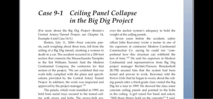 Case 9-1 Ceiling Panel Collapse in the Big Dig | Chegg.com