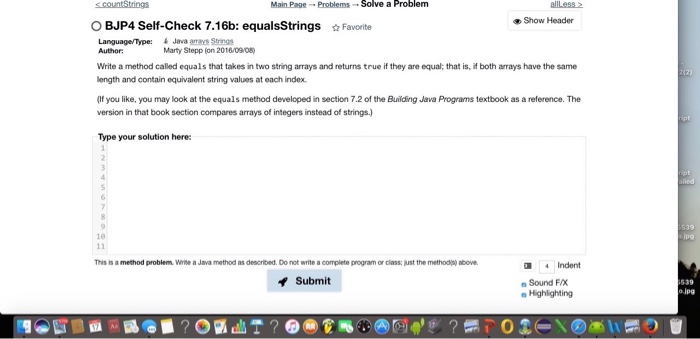 Solved Main Page Problems Solve a Problem egualsStrings Show | Chegg.com