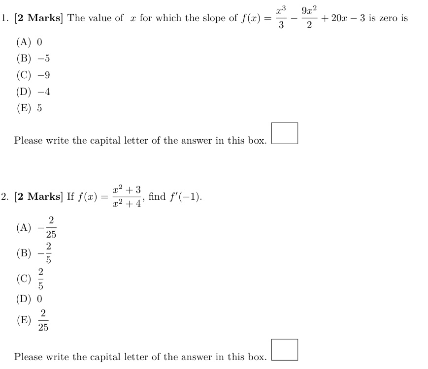Solved 1. [2 Marks] The value of x for which the slope of | Chegg.com