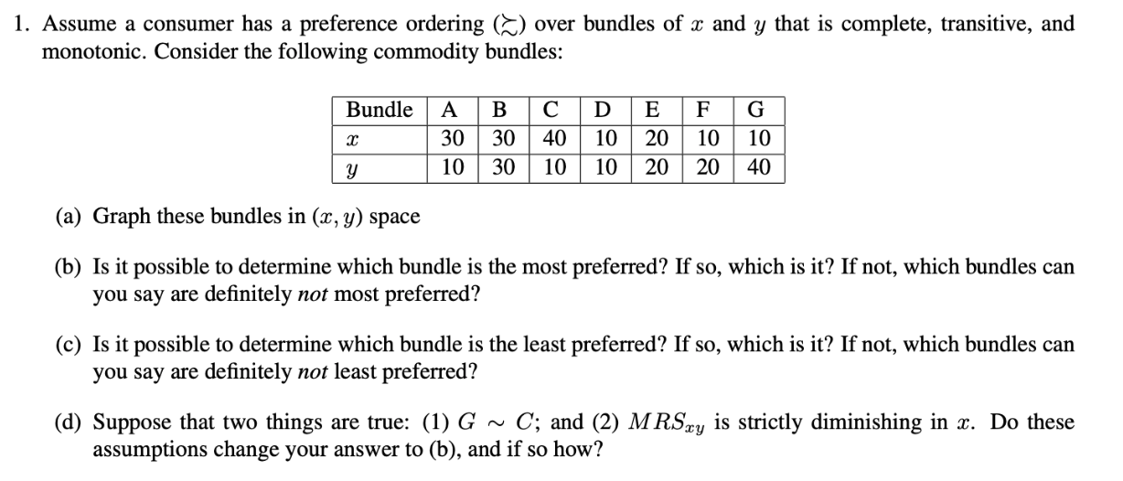 Solved 1. Assume a consumer has a preference ordering () | Chegg.com