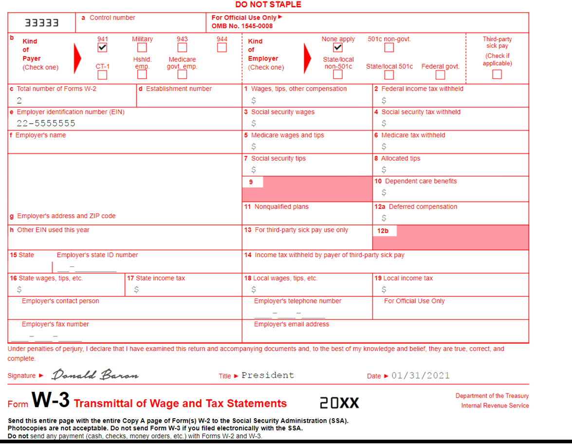 Complete the W-3 Form for J. Dodds, Inc. | Chegg.com