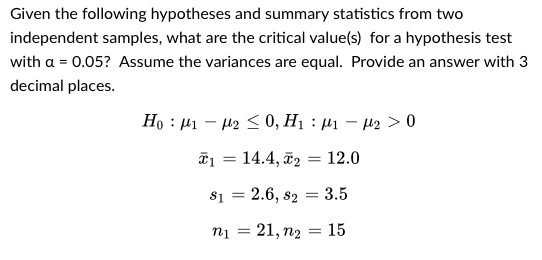 Solved Given the following hypotheses and summary statistics | Chegg.com