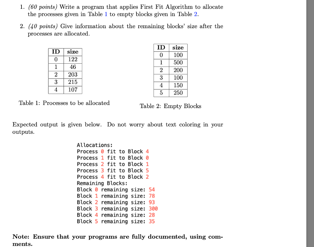 Solved 1. (60 points) Write a program that applies First Fit | Chegg.com
