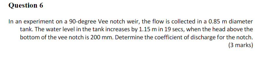 In an experiment on a 90-degree Vee notch weir, the | Chegg.com