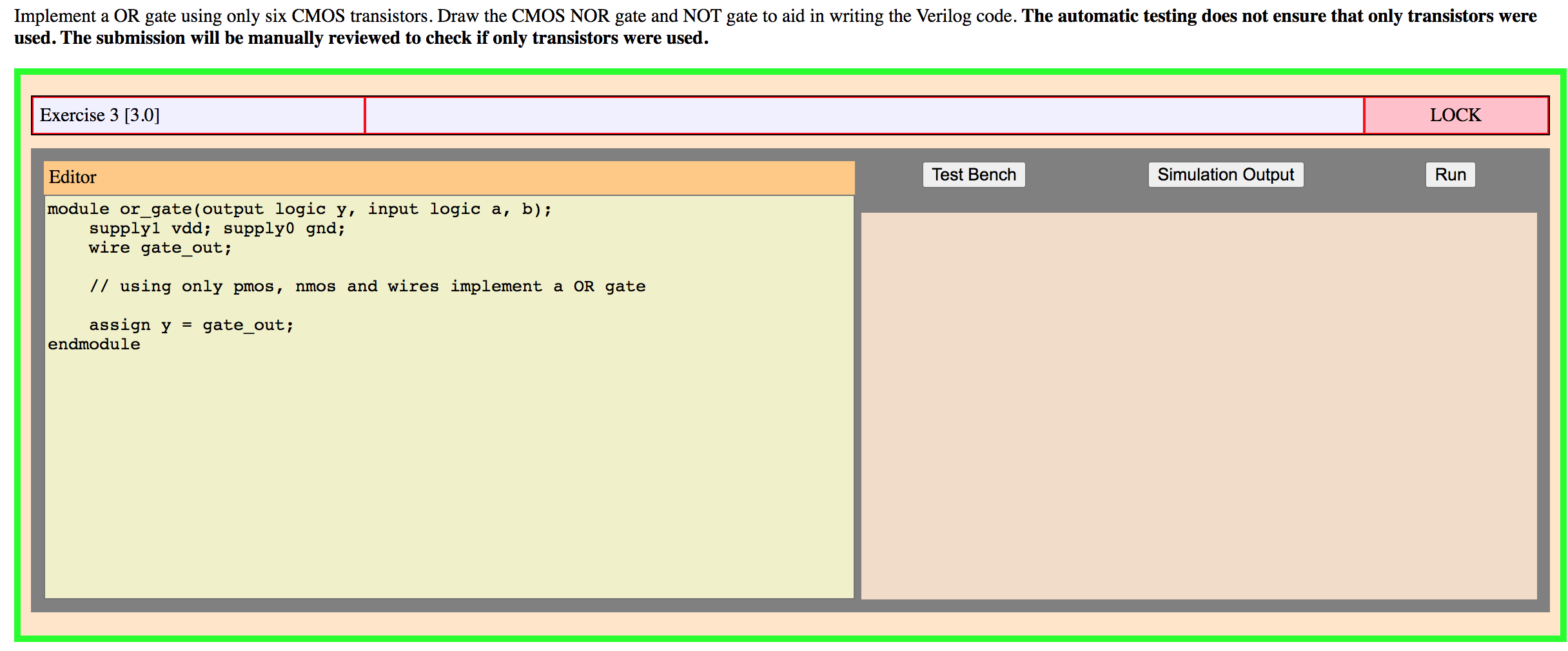 Implement a OR gate using only six CMOS transistors. | Chegg.com