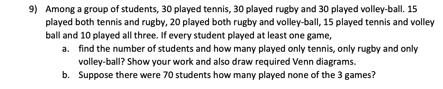 Solved 9) Among a group of students, 30 played tennis, 30 | Chegg.com