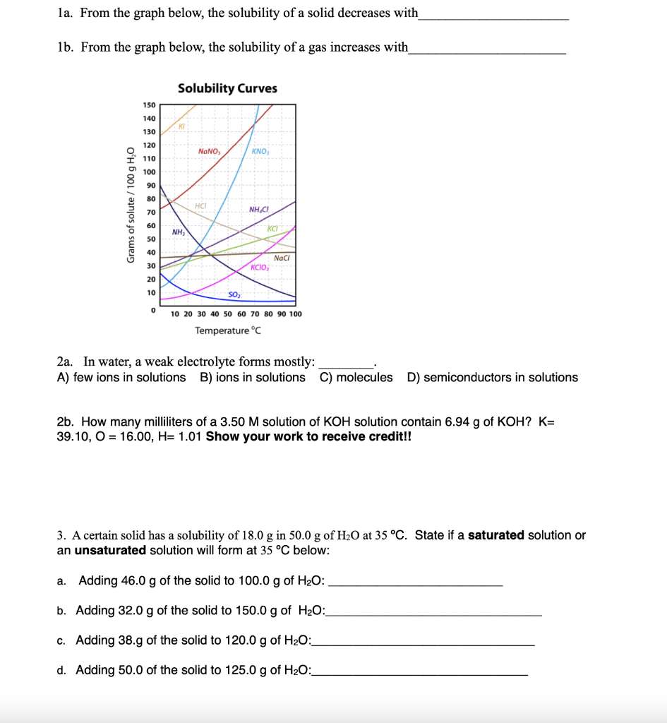 Solved 1a. From the graph below, the solubility of a solid | Chegg.com