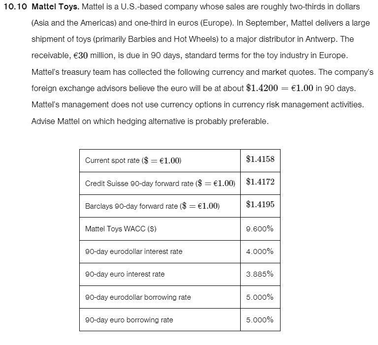 Solved .10 Mattel Toys. Mattel is a U.S.-based company whose | Chegg.com