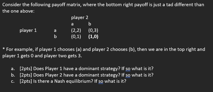 Solved Consider the following payoff matrix, where the | Chegg.com