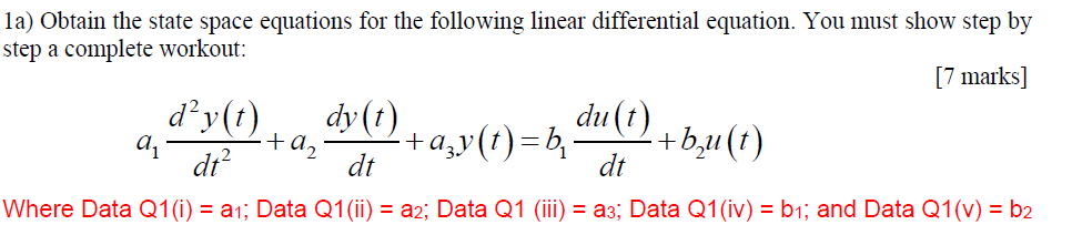 Solved la) Obtain the state space equations for the | Chegg.com