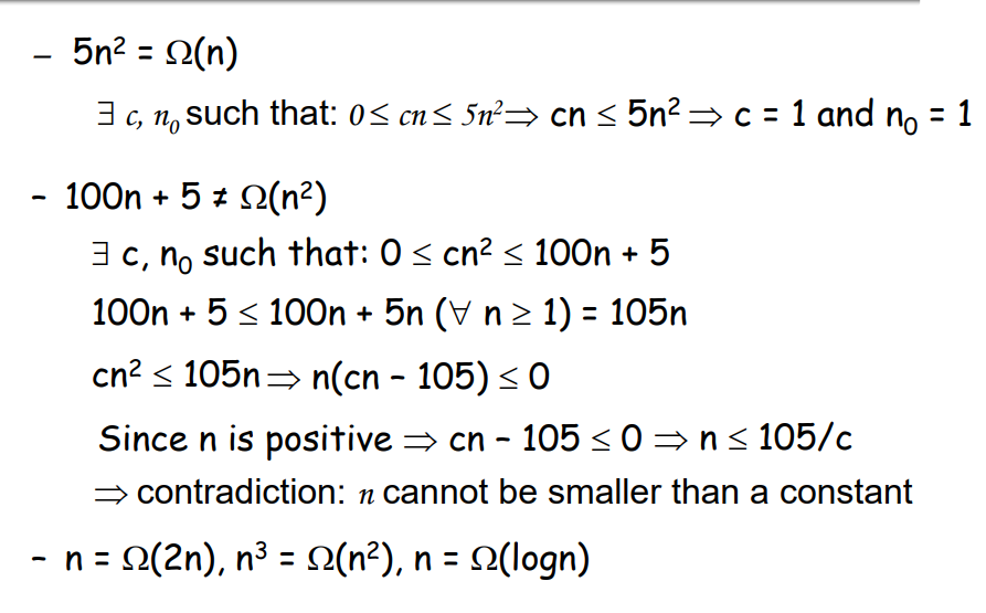 Solved −5n2=Ω(n) ∃c,n0 such that: 0≤cn≤5n2⇒cn≤5n2⇒c=1 and | Chegg.com