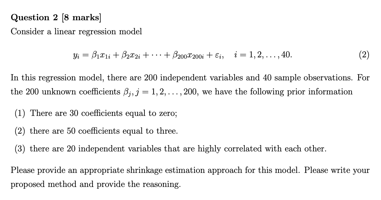 Question 2 (8 marks] Consider a linear regression | Chegg.com