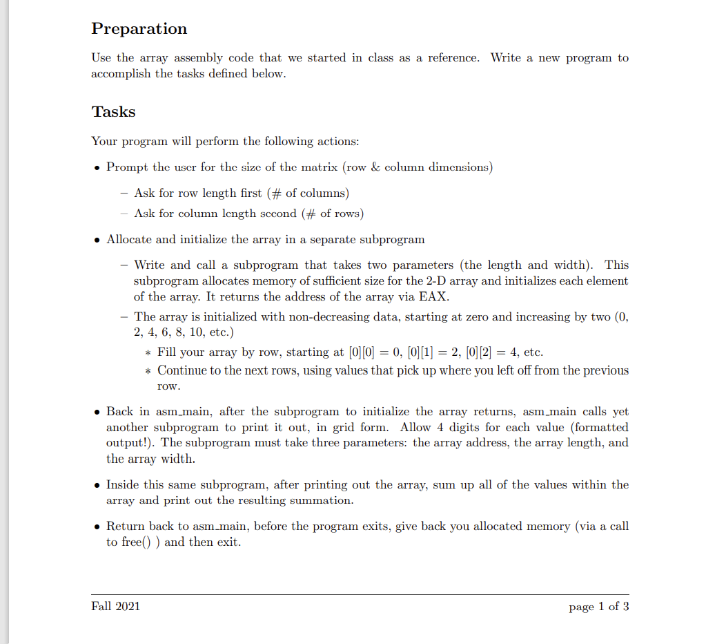 Preparation Use the array assembly code that we | Chegg.com