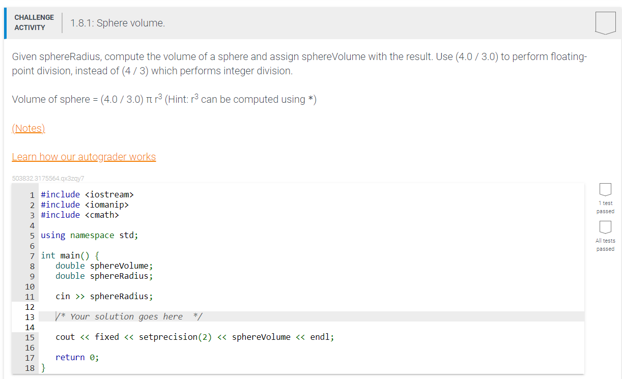 Solved Given sphereRadius, compute the volume of a sphere | Chegg.com