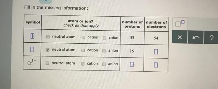 Solved Fill in the missing information: atom or ion? check | Chegg.com Solved Fill in the missing information: atom or ion? check | Chegg.com
